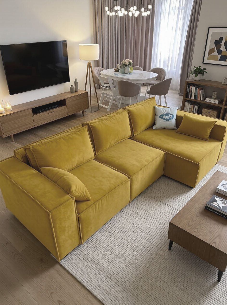 POOH Диван-кровать угловой Лофт(Норд ) velour Mustard, 292х156х88см еврокнижка Правый