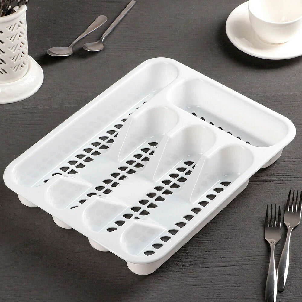 Лоток-вкладыш для столовых приборов, 5 отсеков, сетчатый, пластик, белый, для сушки и порядка