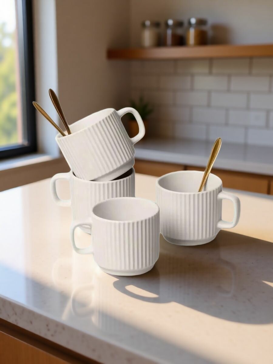 Набор кружек. Керамические Подарочные Чашки для чая, кофе, какао, супа. Стаканы для холодных и горячих напитков для 4 персон, 4 предметов. Гео Белый 240 мл.