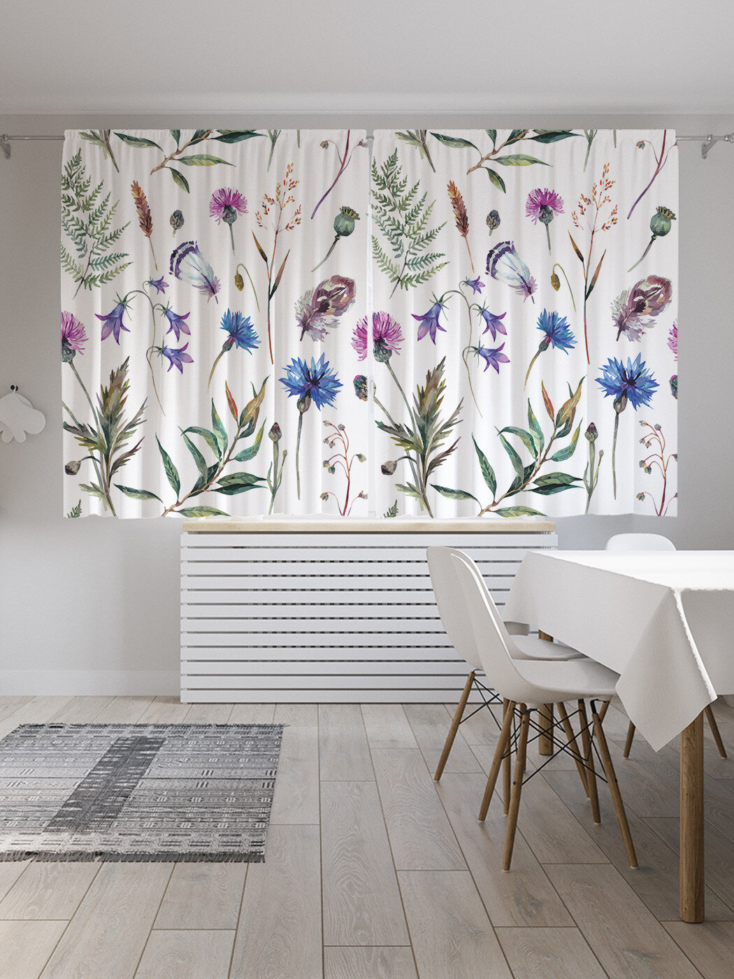 Фотошторы короткие "Васильки среди растений", 2 полотна шириной по 145 см, высота 180 см, JoyArty