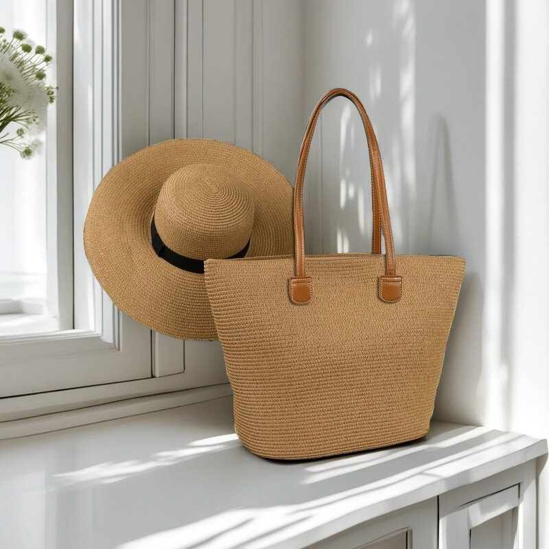 2026 Кросс-бордер Соломенная шляпа Соломенная сумка Двухкомпонентный набор Солнечная шляпа Большая вместимость Полосатая сумка через плечо Пляжная сумка Фабричный магазин