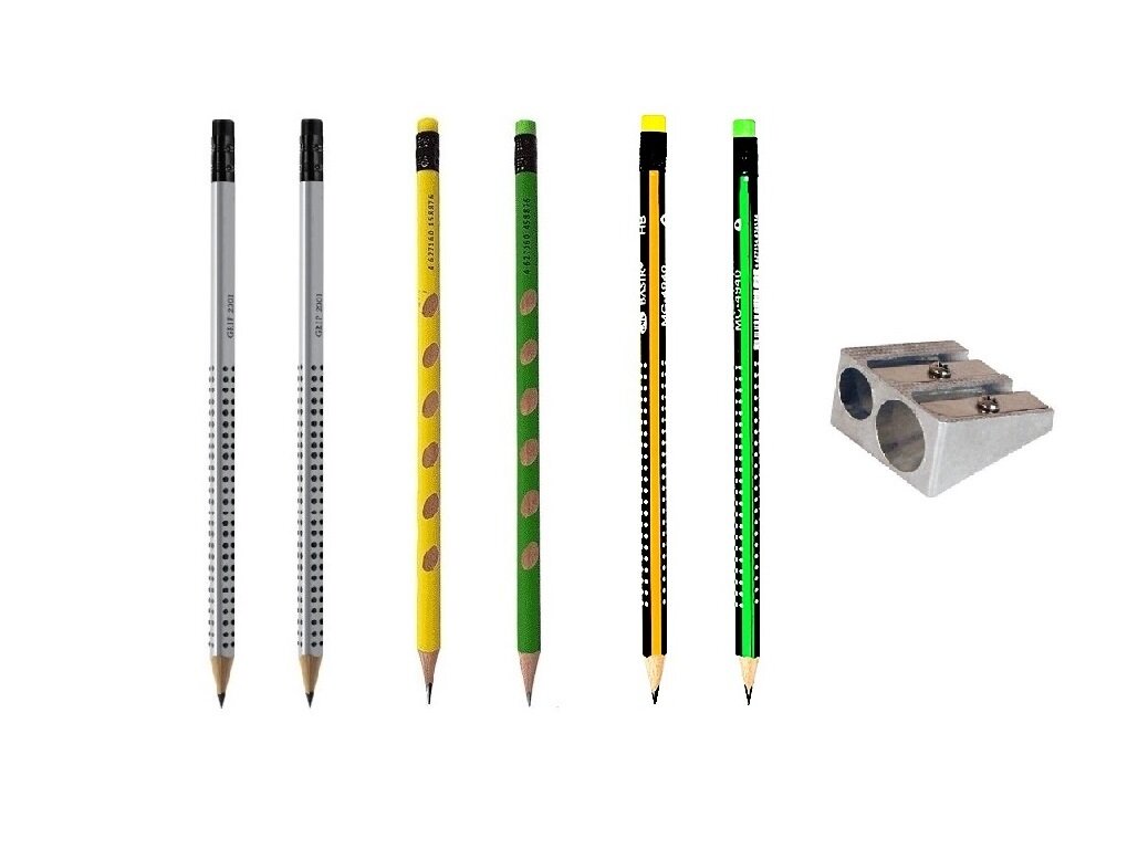 Набор карандашей; Faber-Castell Grip 2001 HB (2 шт.) + Карандаш с ластиком "точки" ( 2 шт. ) + DeVente c углублениями для пальцев ( 2 шт. ) + подарок точилка двойная металлический