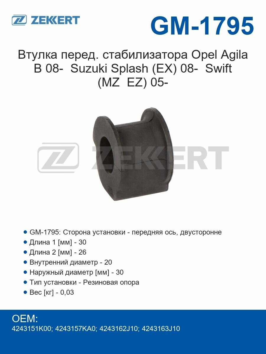 Zekkert Втулка стабилизатора передняя Opel Agila B с 2008 года. Suzuki Splash (EX) с 2008 года. Swift (MZ EZ) с 2005 года.