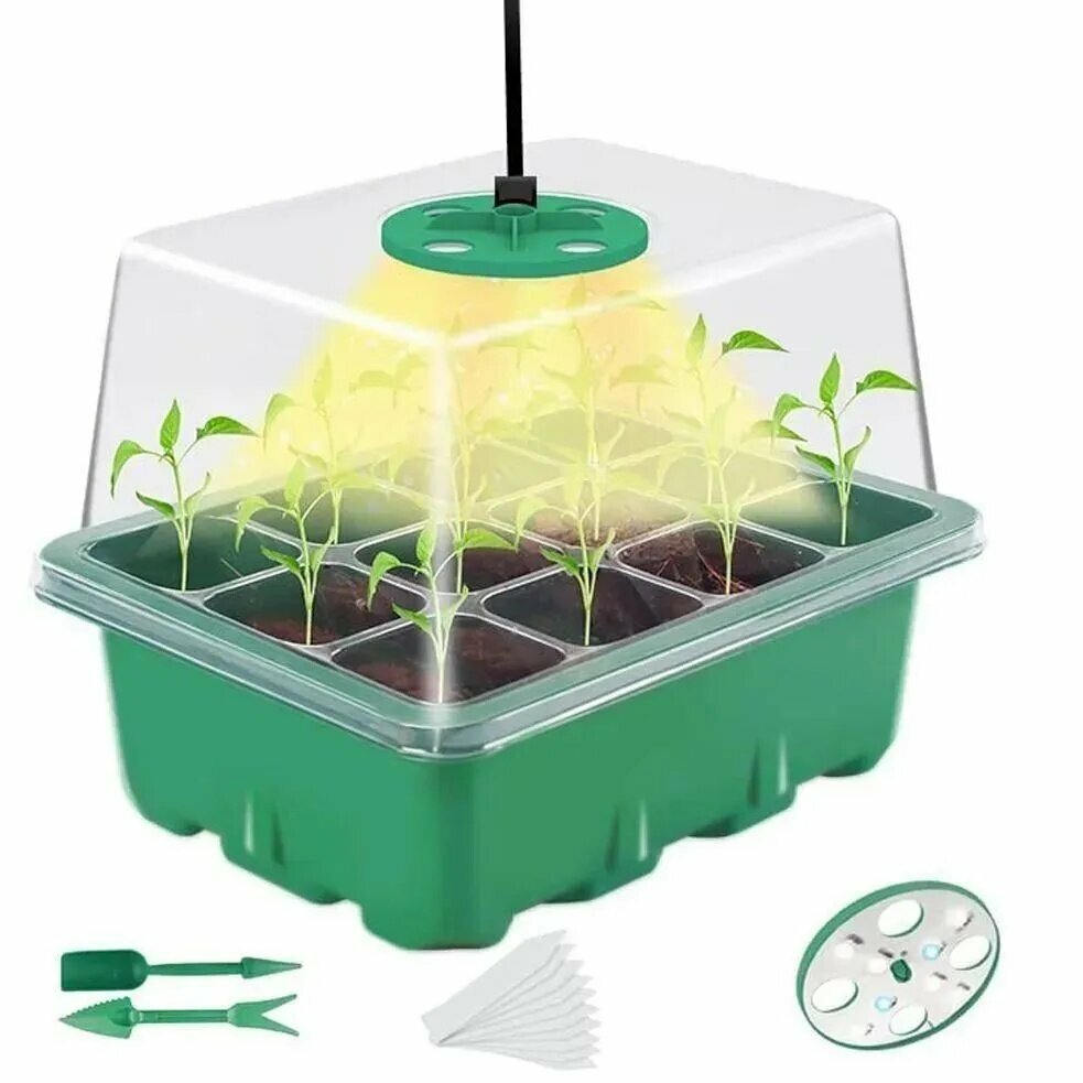 Парник, теплица Умная мини-теплица 2025 с LED-подсветкой (8 диодов) 12 ячеек + автовентиляция Для микрозелени/рассады/цветов 0.2х0.195х0.19м, ABS пластик