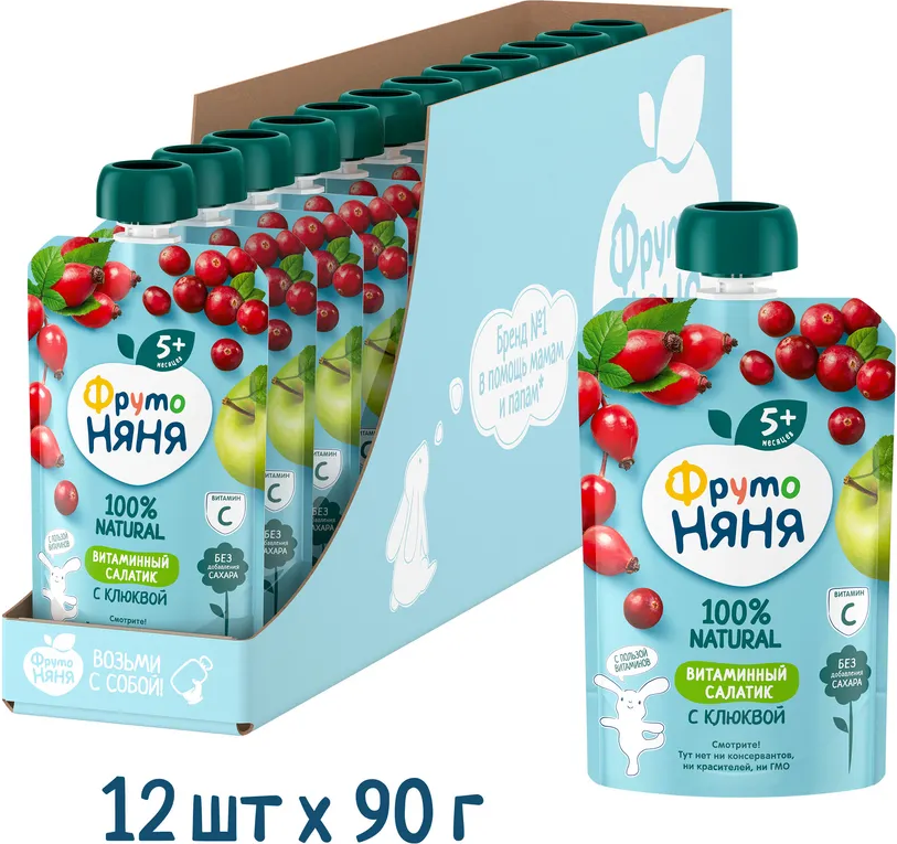 ФрутоНяня 90гр. Пюре из ябл, шип, клюквы, обог. вит. С "витаминный салатик"./12шт.