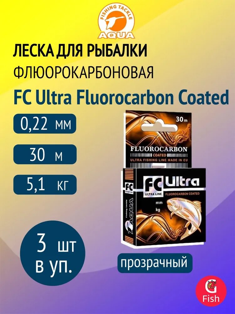 Леска зимняя для рыбалки AQUA FC ULTRA Fluorocarbon Coated 0,22mm 30m, 3 штуки