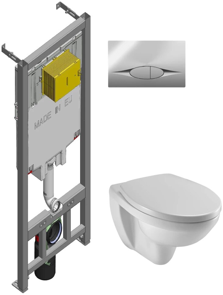 Комплект инсталляция с унитазом Jacob Delafon E21822-CP с кнопкой смыва, хром + унитаз подвесной Jacob Delafon Patio EDV102-00 + E70021-00 безободковый, с сиденьем микролифт, белый