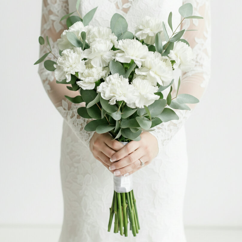 Букет невесты Мегацвет24 "Диантус и Эвкалипт", белый, под лентой