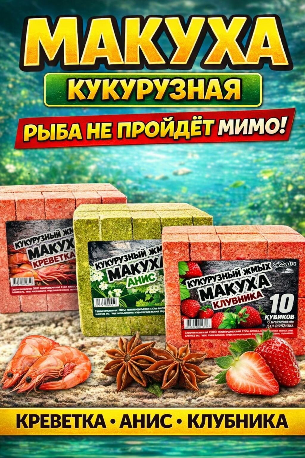Макуха для рыбалки с отверстиями. Жмых на карпа. Набор - "Креветка", "Анис", "Клубника" 30 кубиков