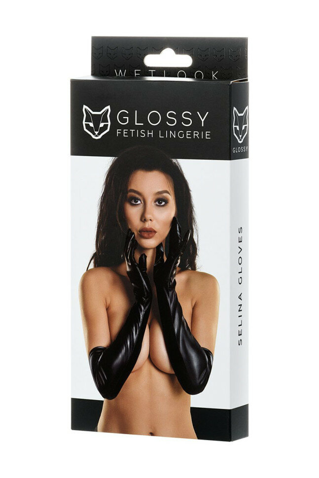 Перчатки Glossy SELINA из материала Wetlook выше локтя, черный, M