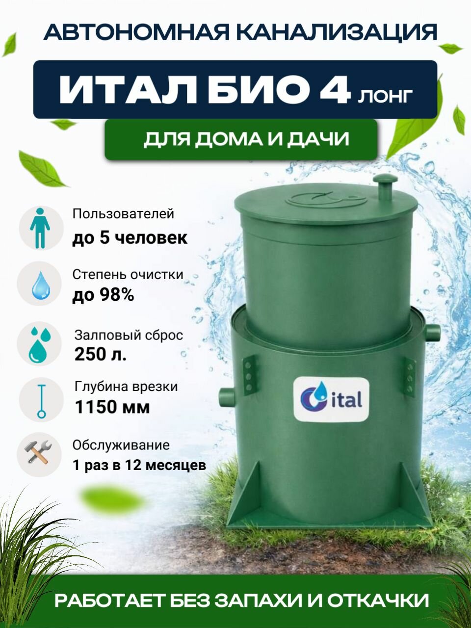 Септик Итал Био 4 лонг для дачи и дома автономная канализация, очистка 98%, залповый сброс 250 л