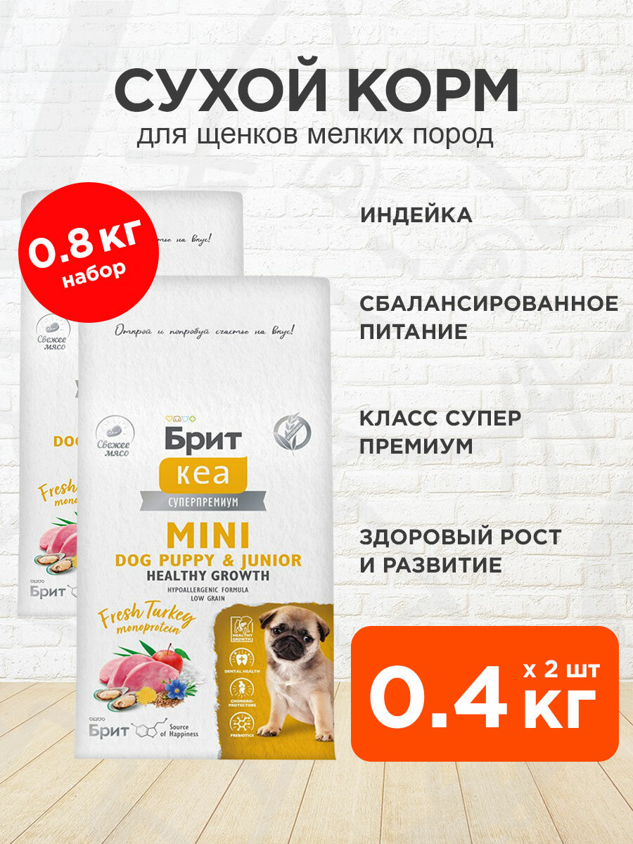 Корм сухой Брит Кеа Mini Dog Puppy & Junior Healthy Growth для щенков и молодых собак мини-пород, индейка, 0,4 кг х 2 шт