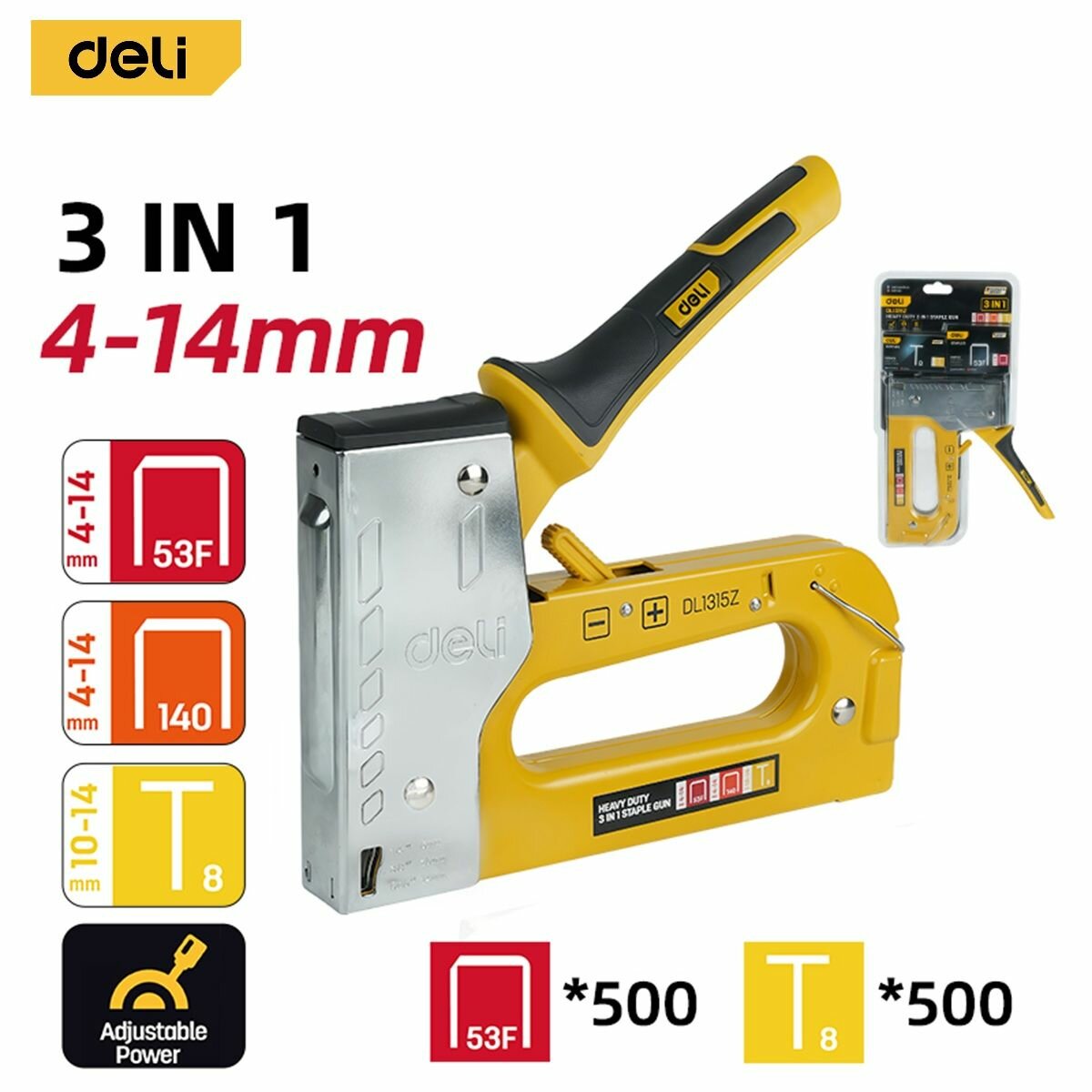 Строительный степлер усиленный 3-в-1 Deli DL1315Z (скобы тип 53F, 140, гвозди, 1000 штук в комплекте)