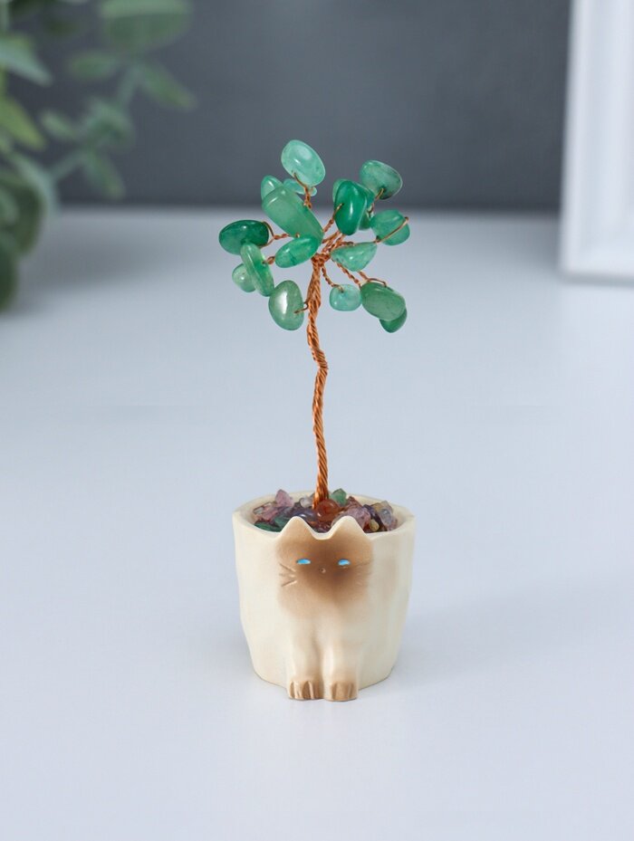 Денежное дерево декоративное «Сувенир бонсай. Котик-горшок», 12 зелёных камней, 3.3×3.4×8.8 см