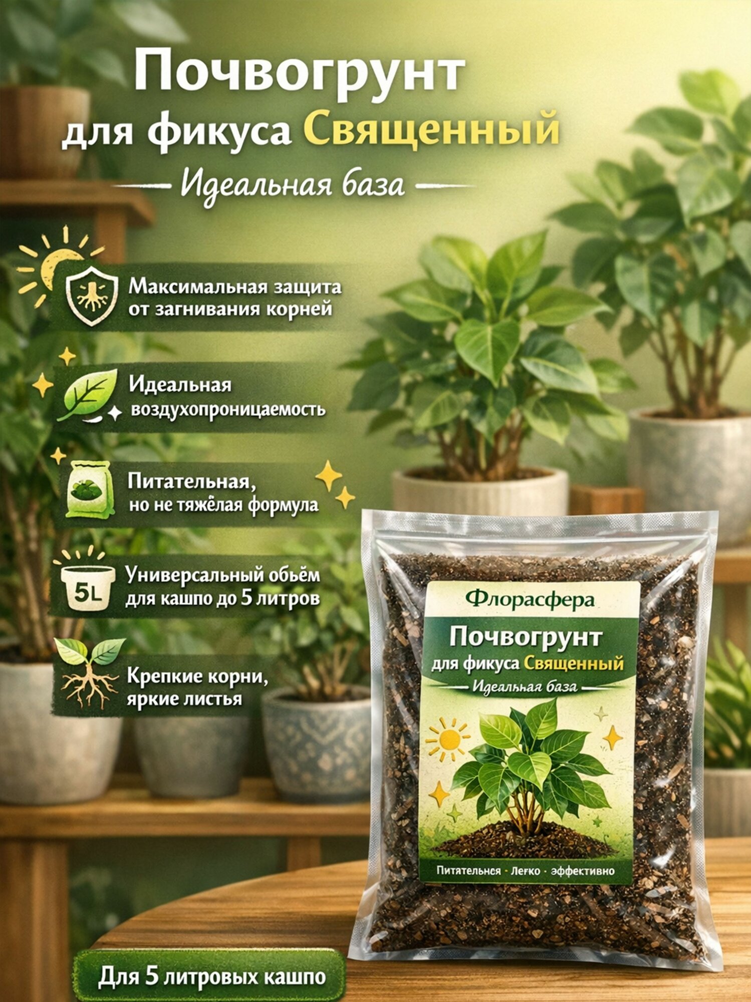 Почвогрунт БиоБаза для фикуса Священный для кашпо до 5л премиум грунт
