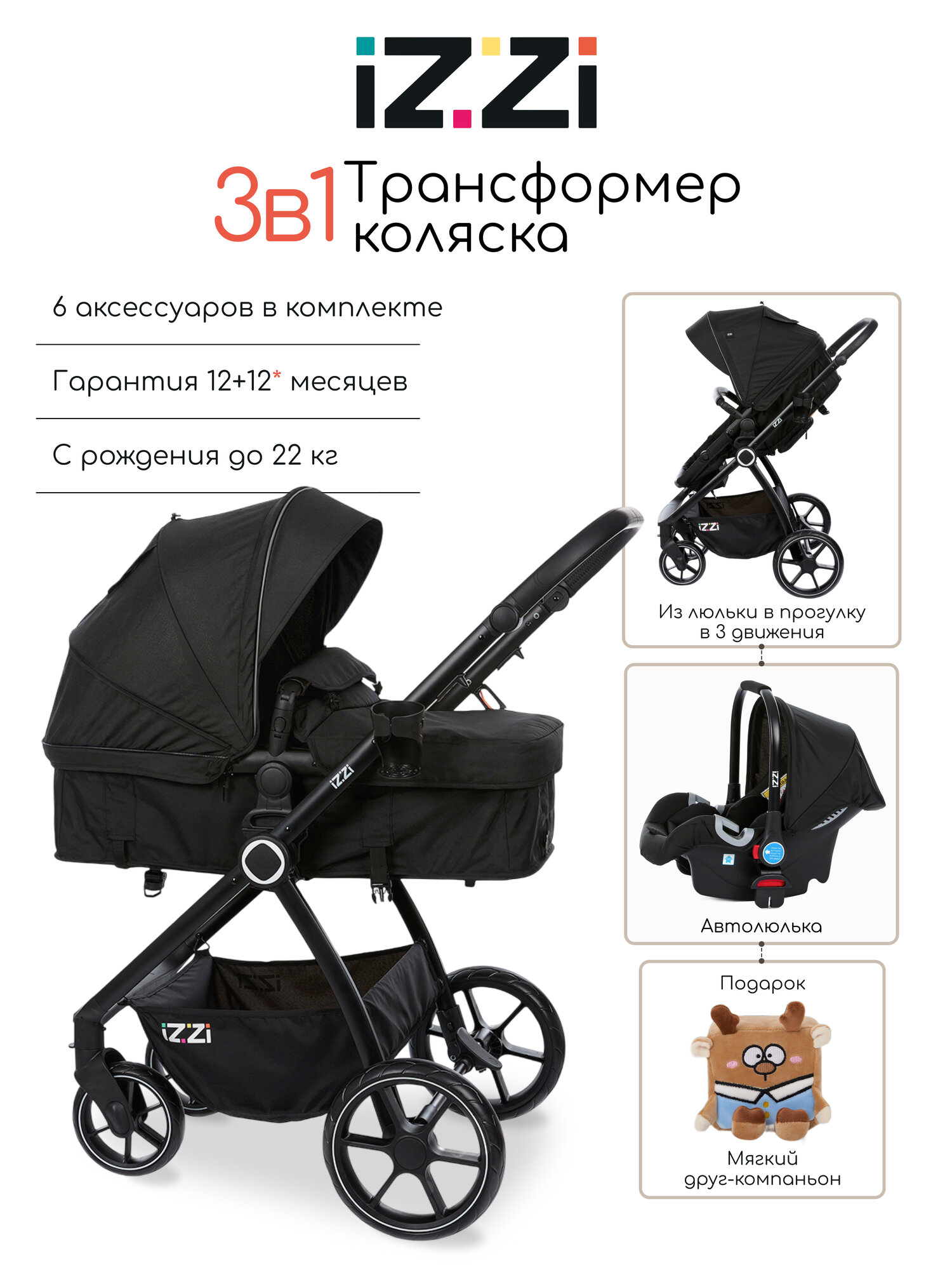 Коляска-трансформер 3в1 для новорожденных iZZi с реверсивным блоком