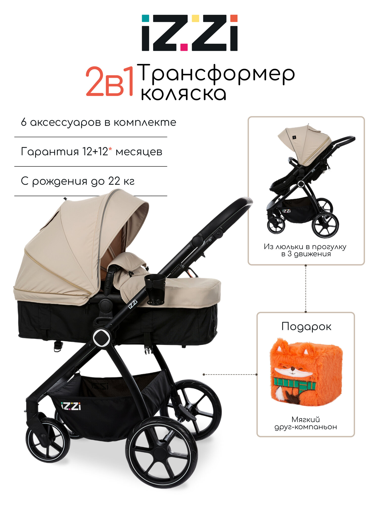 Коляска-трансформер 2в1 для новорожденных iZZi с реверсивным блоком