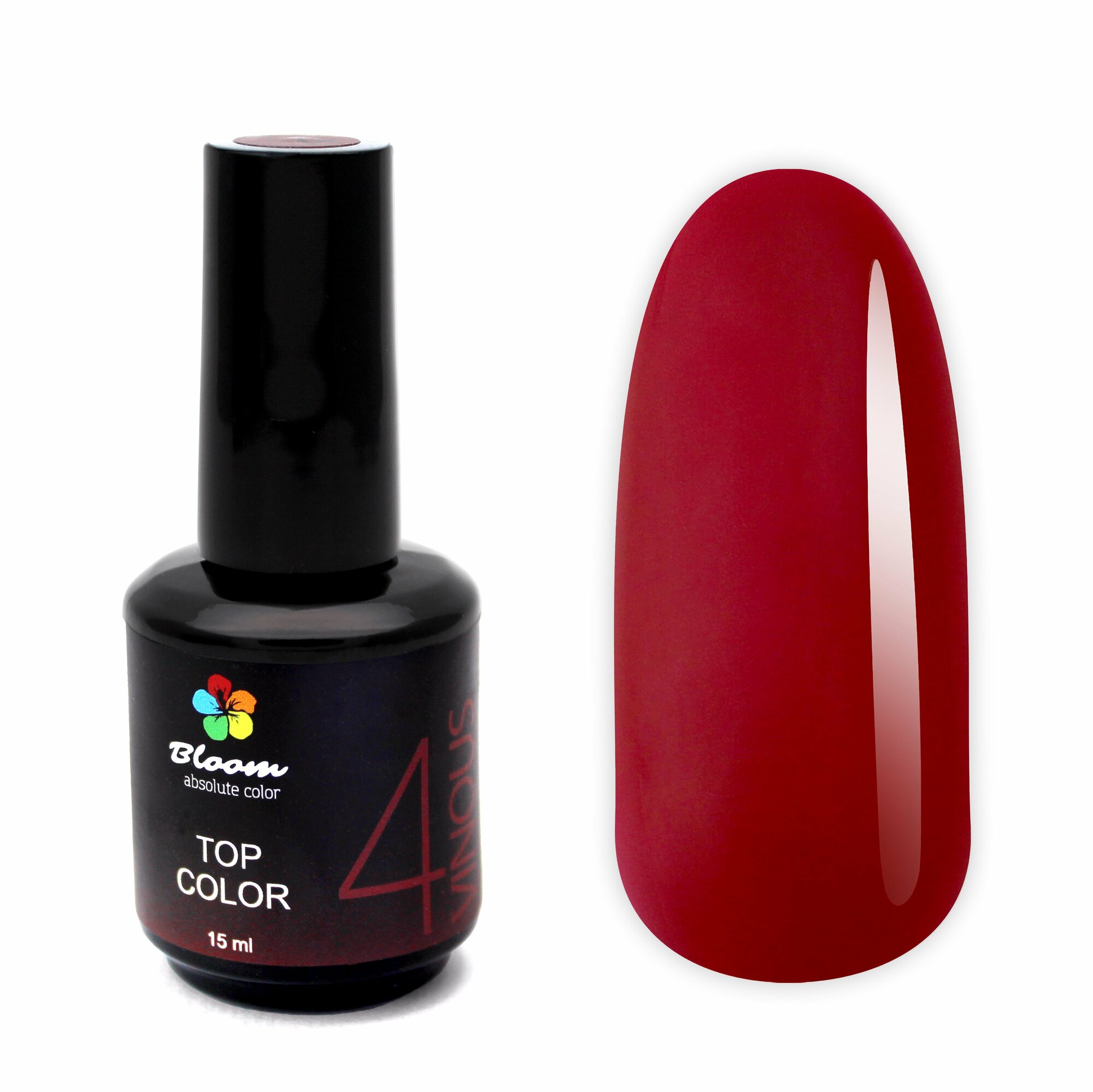 Топ Bloom COLOR № 4 бордовый для гель-лака, глянцевый, без липкого слоя, цветной, 15мл,