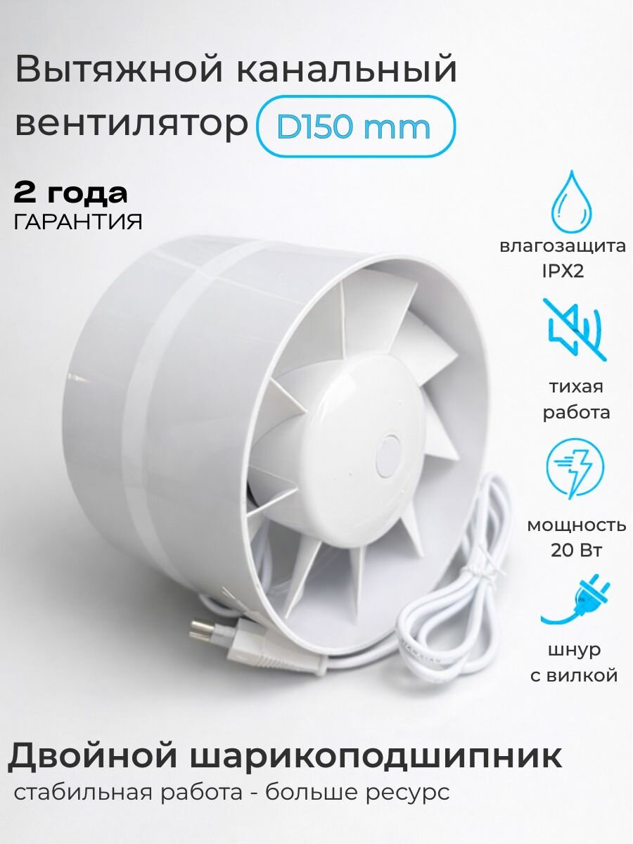 Канальный осевой вентилятор приточно-вытяжной осевой, тихий, диаметр 150 мм (для кухни, ванной, санузла, туалета)