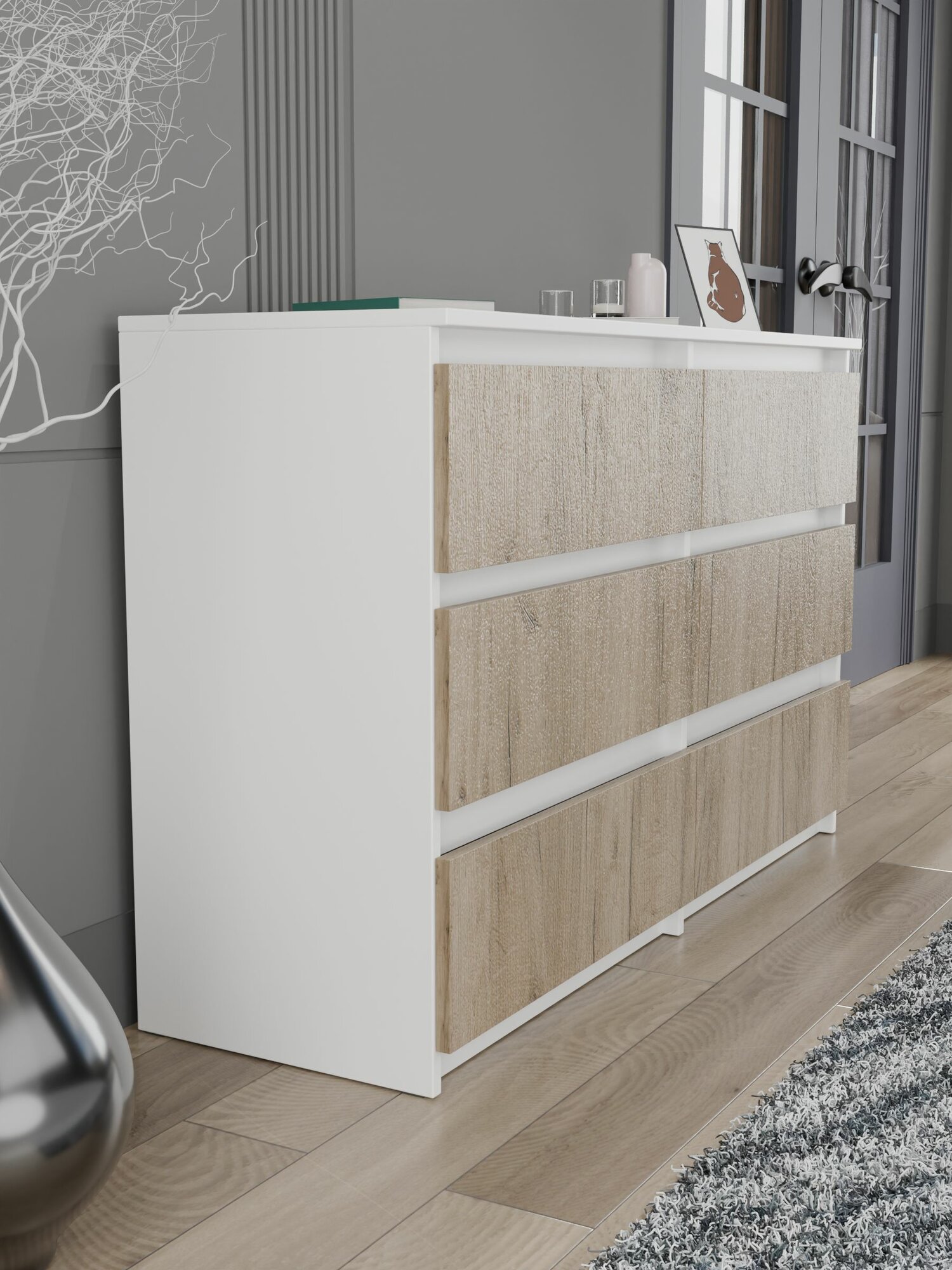 Комод для белья и одежды орлан 6 ящиков, 120х76.4х40 см, белый-дуб крафт серый