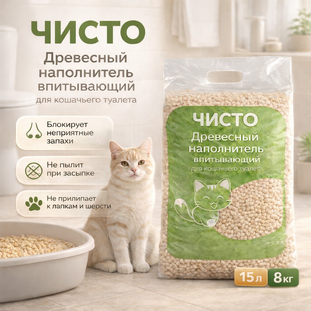 Наполнитель для туалета чисто, древесный, впитывающий, 15 л, 7 кг
