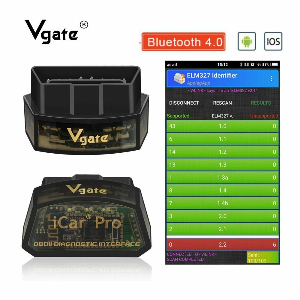 Эксклюзивный автосканер Vgate iCar Pro Bluetooth 4.0 ELM327 для диагностики на Android и iOS OBD2