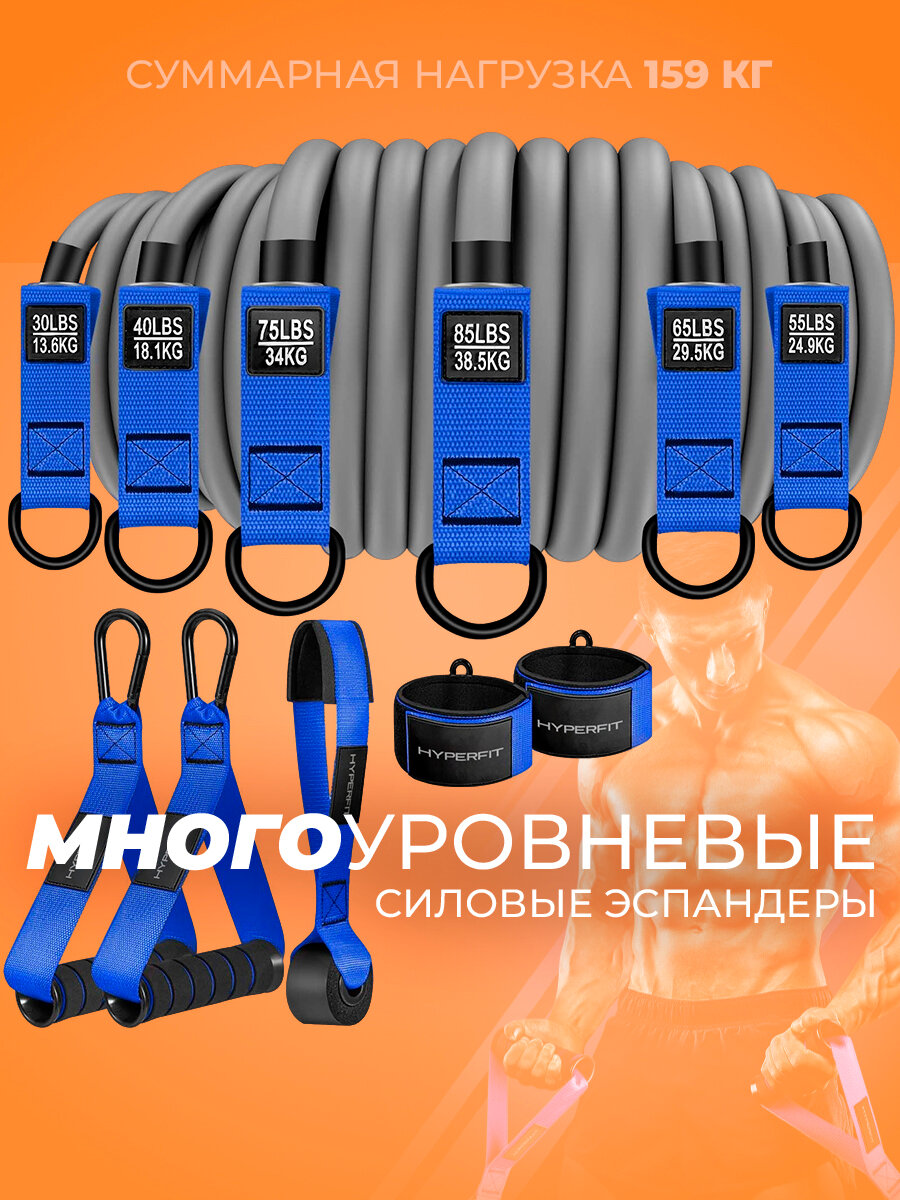 Набор трубчатых эспандеров HYPERFIT Kraftbelastung T-20, 6 шт, сопротивление до 38,5 кг