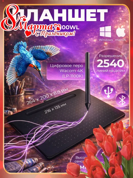 Графический планшет Wacom Intuos CTL-6100WLA/E0, Bluetooth, USB, зеленый