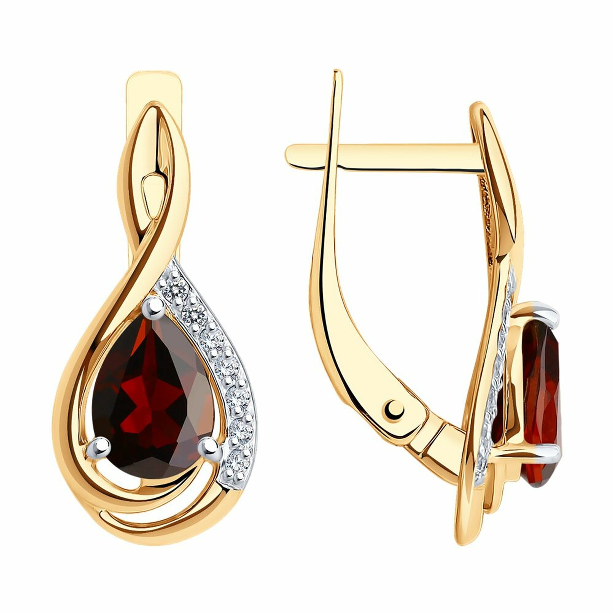 Серьги, красное золото, 585 проба, гранат, фианит