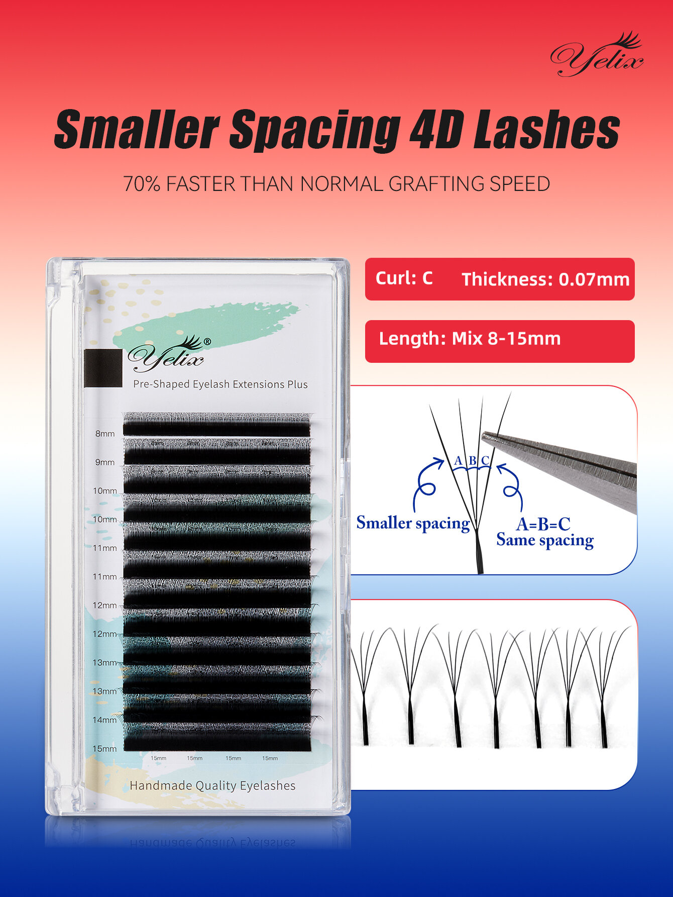 Yзкие 4D pесницы для наращивания готовые пучки W-образные 0.07 изгиб D длина 6-15mm Yelix