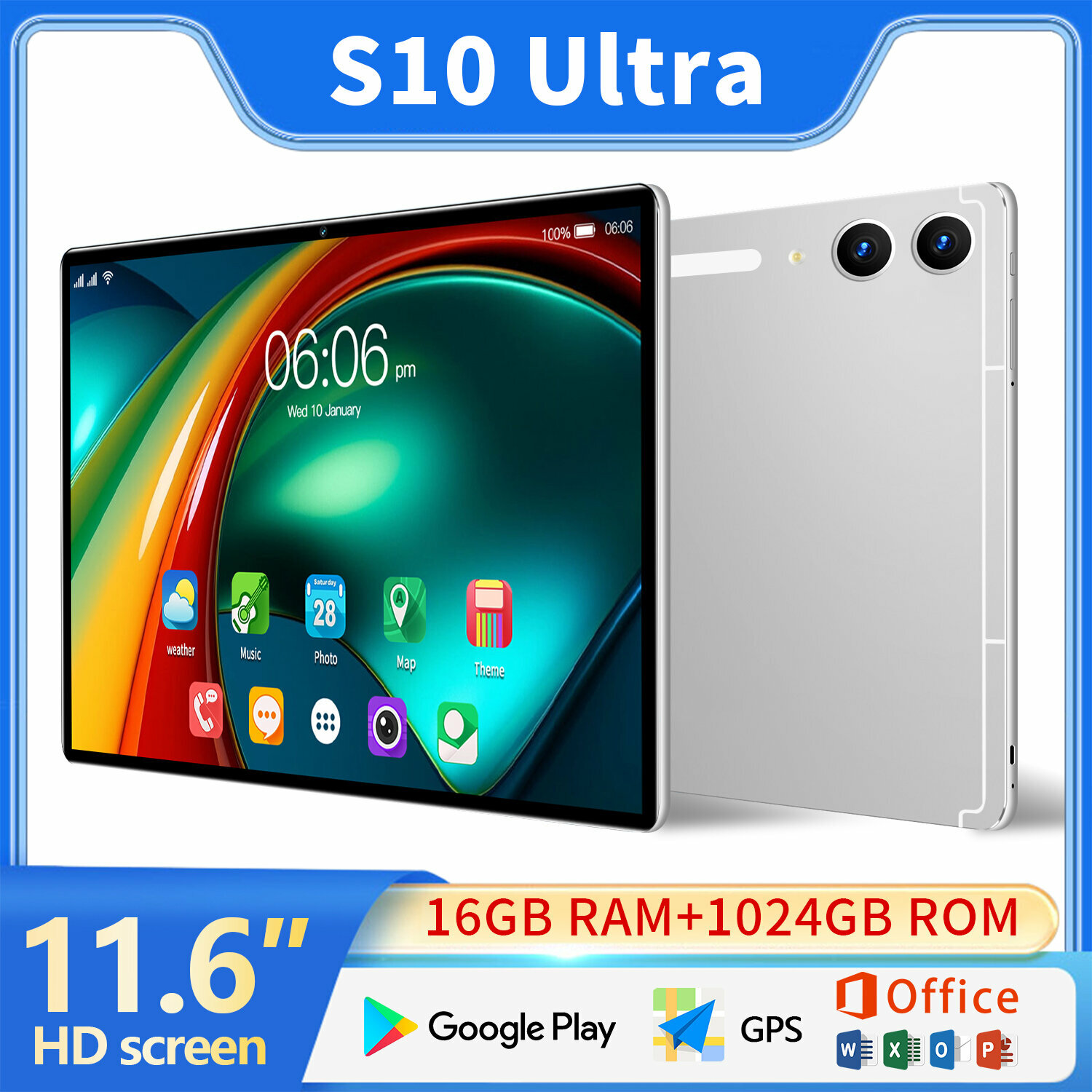 Игровой планшет S10 Ultra, 11,6" Full HD, 16ГБ, 1ТБ, Android 14， 90 Гц，Серебряный++наушники