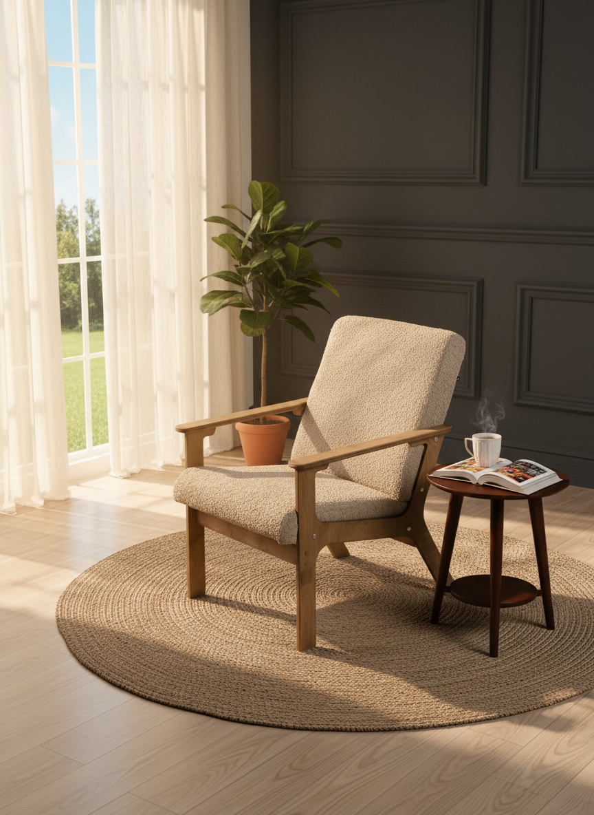 Кресло для отдыха "Ретро мини" от "Мягкой посадки" с низкой спинкой, обивка бежевое букле + светлые ножки