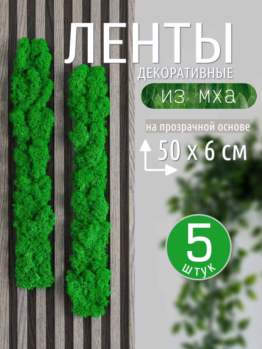 Лента для декора Botania Line ягель, самоклеящаяся, натуральный мох, ширина 6 см, длина 50см, 5шт