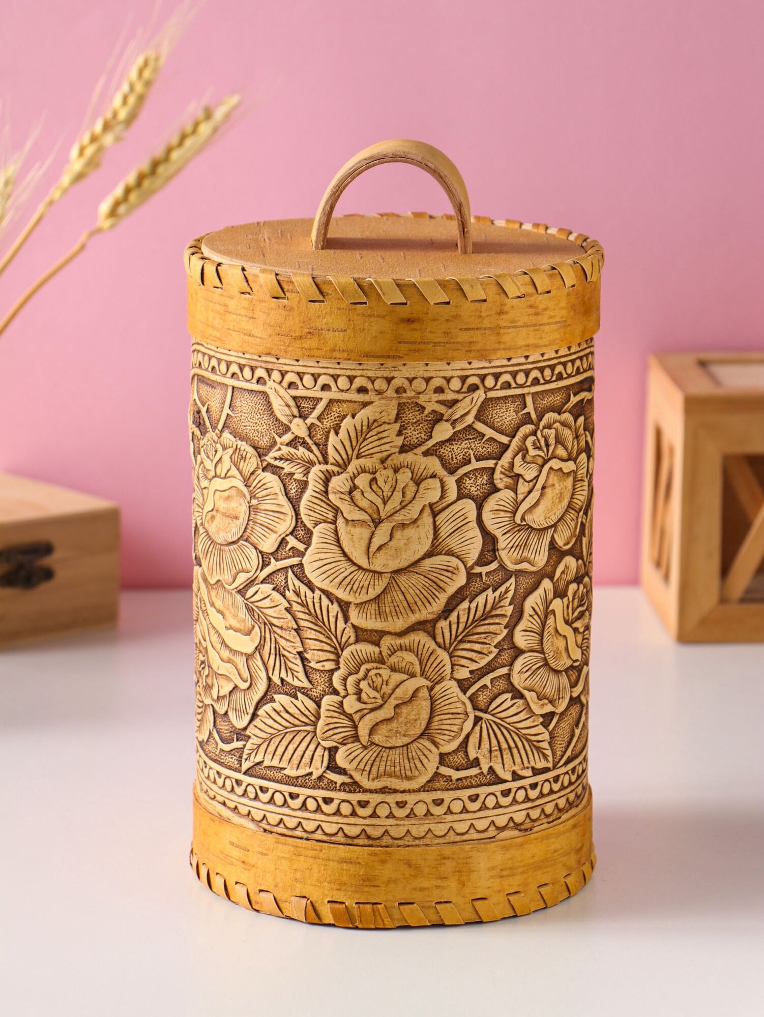 Туес "Розы" размер 12×17 см, банка для хранения, береста, цвет бежевый