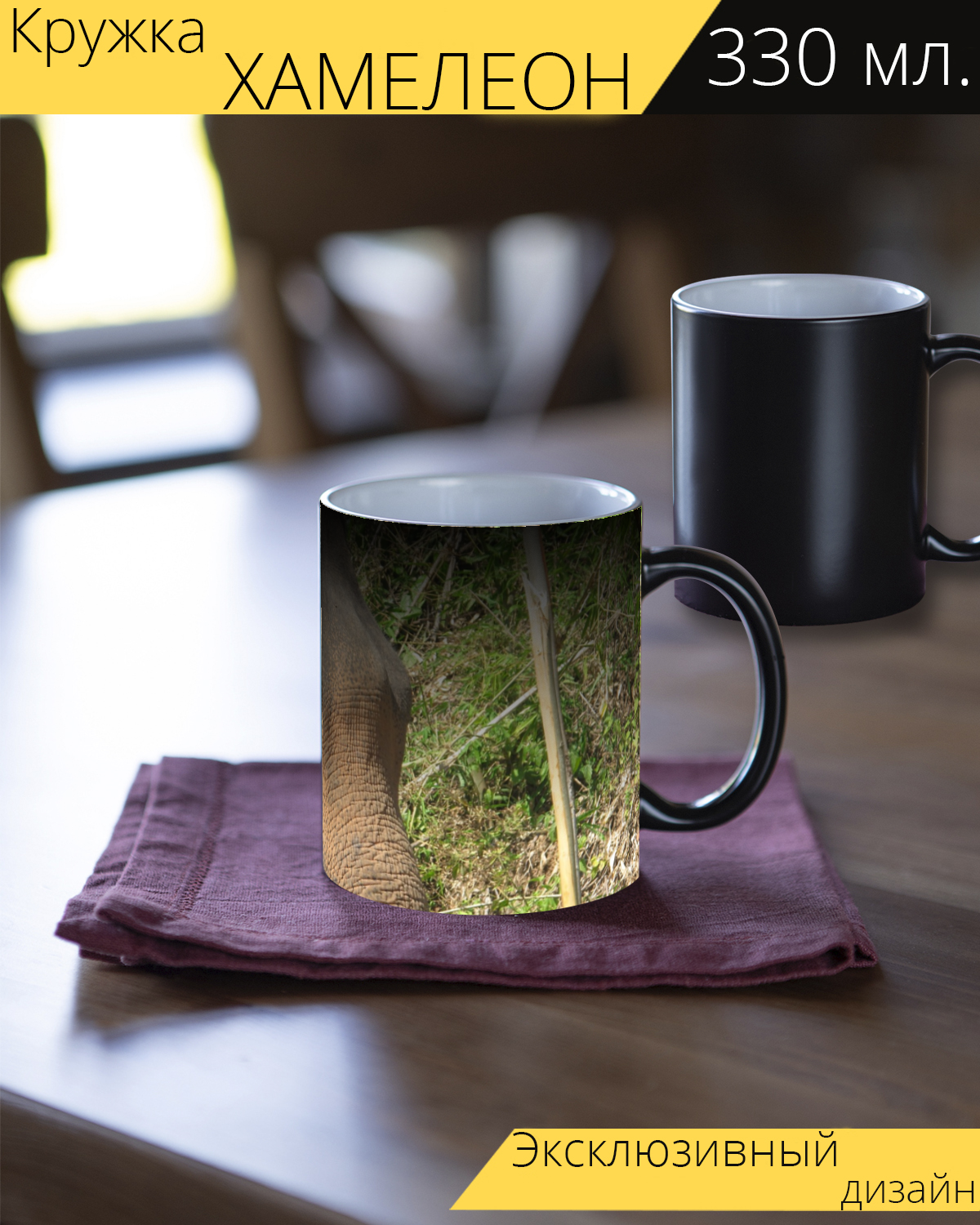 Кружка хамелеон с принтом "Слон, слон голова, таиланд" 330 мл.