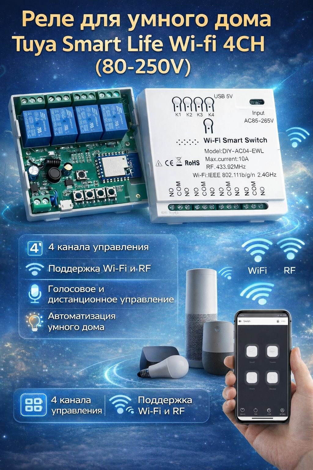 Реле для умного дома Tuya Smart Life Wi-fi 4 канала (80-250V) (Д)