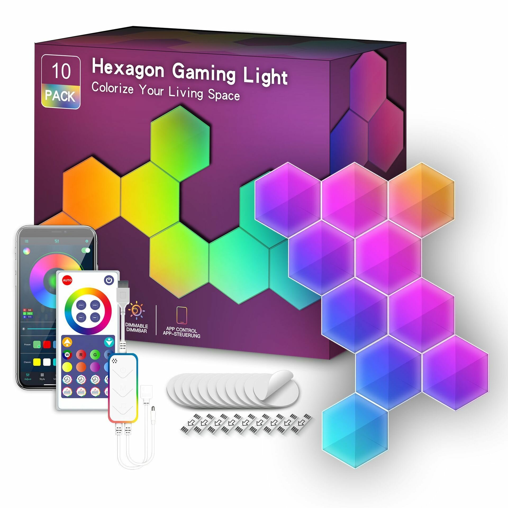 Настенный шестиугольный RGB светильник WiFi + Bluetooth с синхронизацией под музыку, в комплекте 10 панелей (СФ)