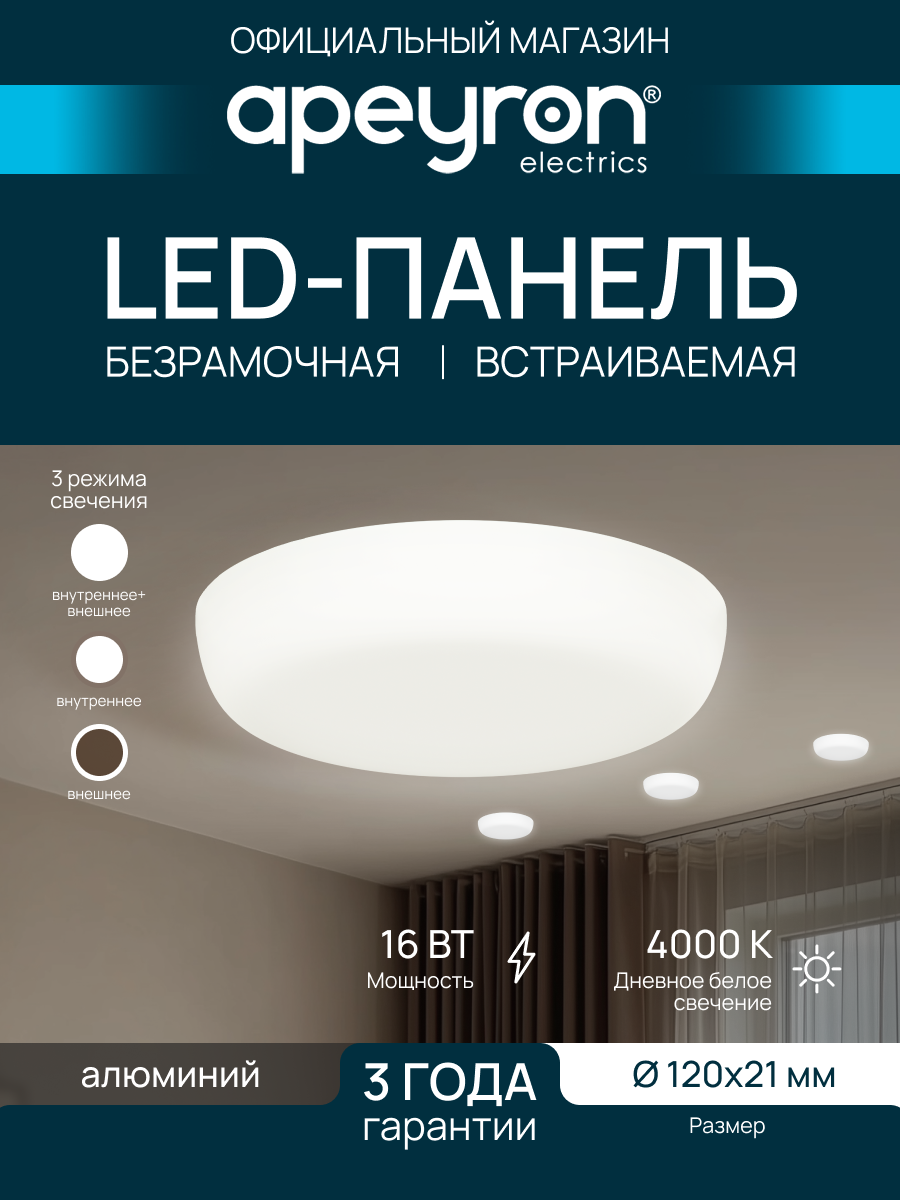 Светодиодная встраиваемая безрамочная панель Apeyron FLP 16Вт, 4000К, круг d120мм, белый, 06-106