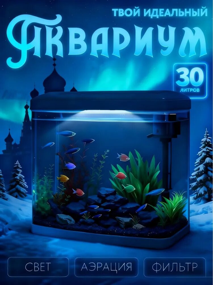 Аквариум для рыбок с фильтром, подсветкой и крышкой 30 литров прямоугольный