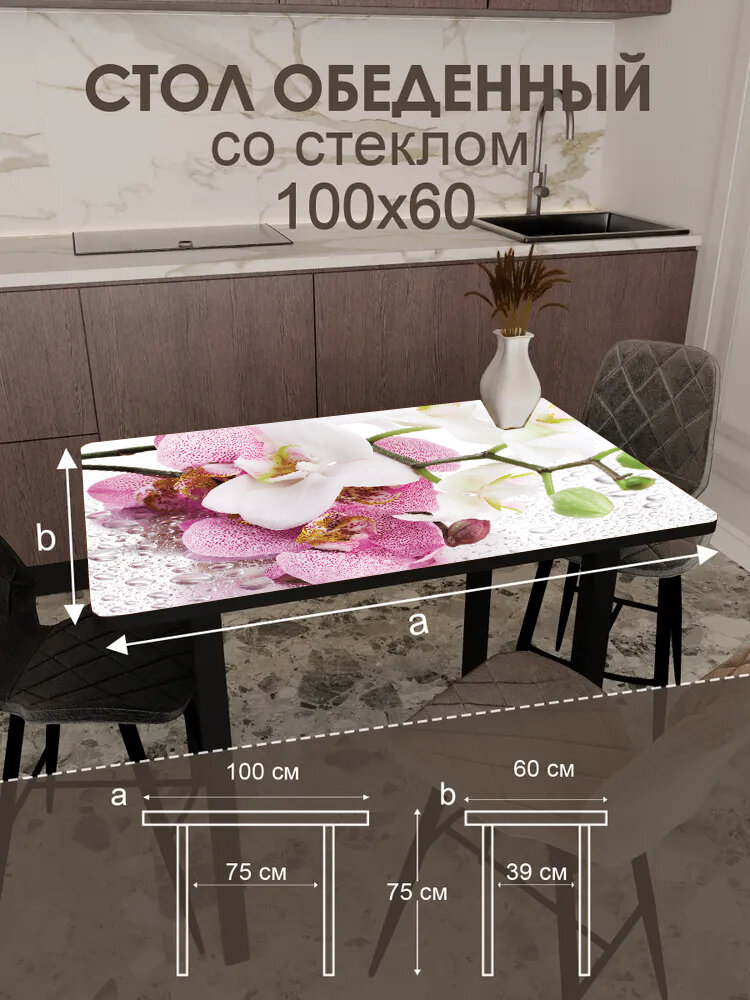 Обеденный стол "Сиреневая орхидея", 100x60 см, металл, ЛДСП, стекло, чёрный