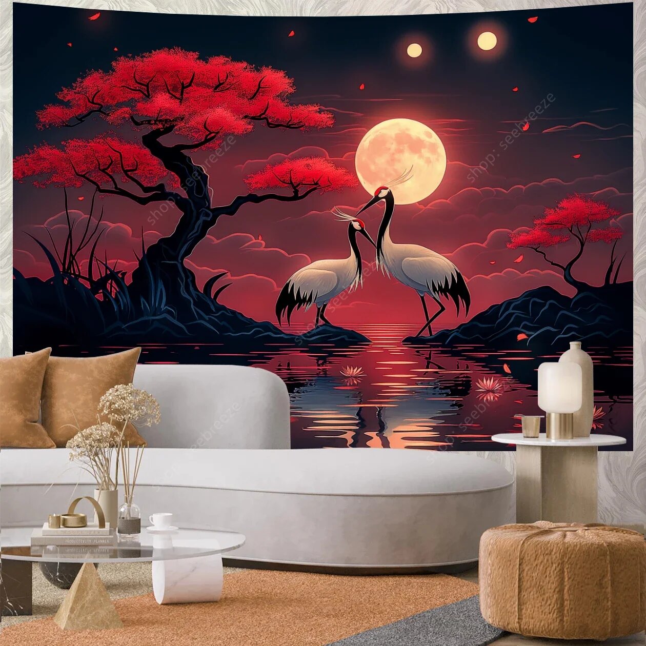 Гобелен с кранами и японским пейзажем 130x150cm, WF0891