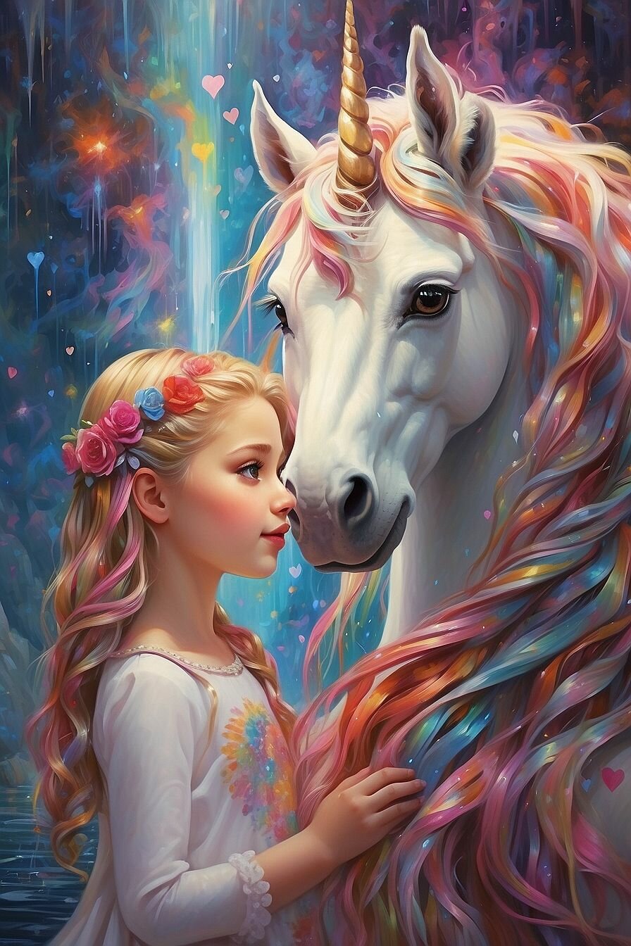 Алмазная живопись "Девочка и единорог", 5D, круглая, 40x50 см. Производитель: Brose Art.