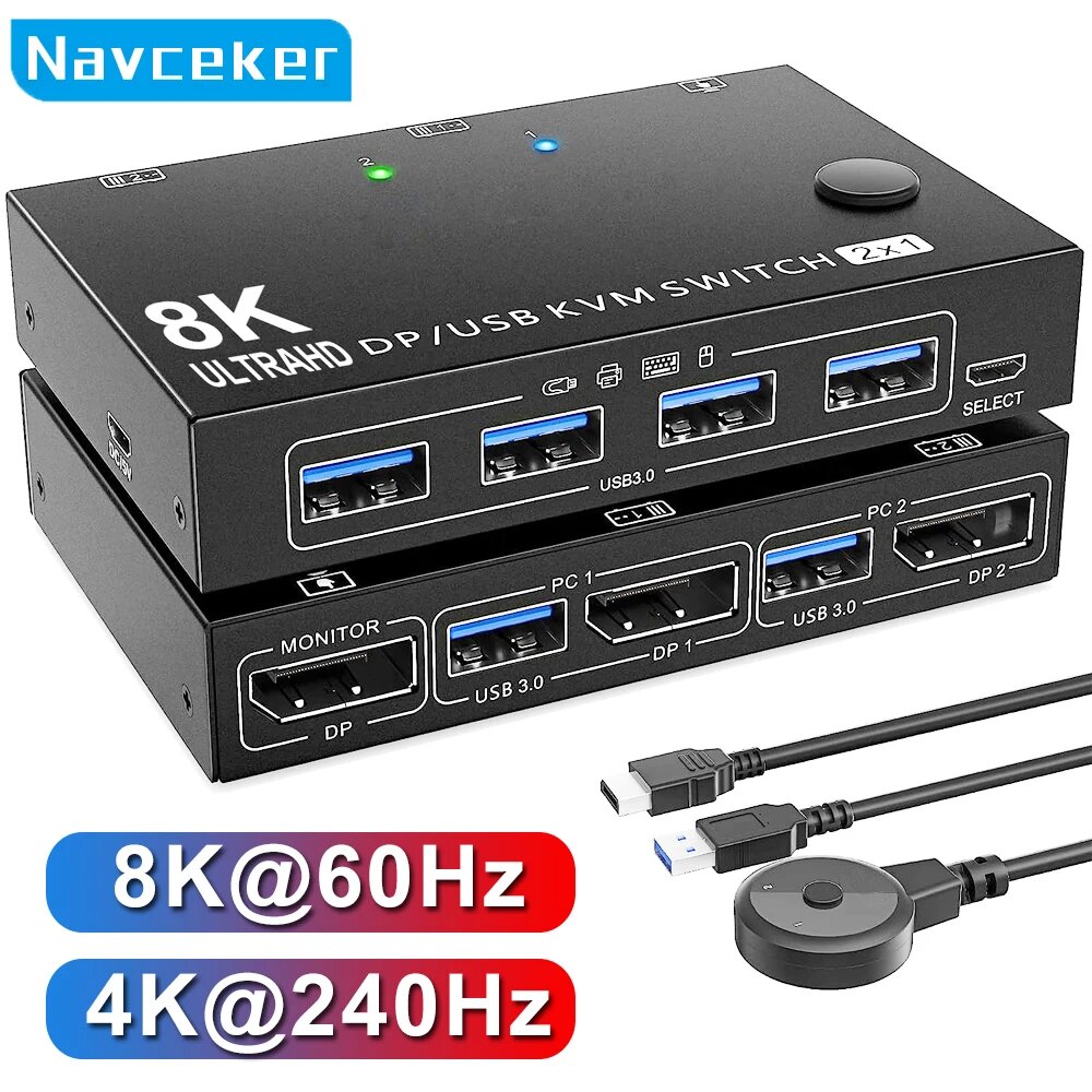 Navceker DP KVM-переключатель 2 портов EU Power Plug