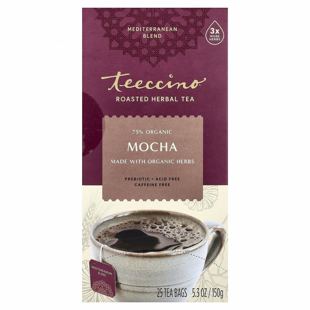 Teeccino, Травяной чай обжаренный с цикорием, мока, без кофеина, 25 пакетиков, 150 г (5,3 унции)