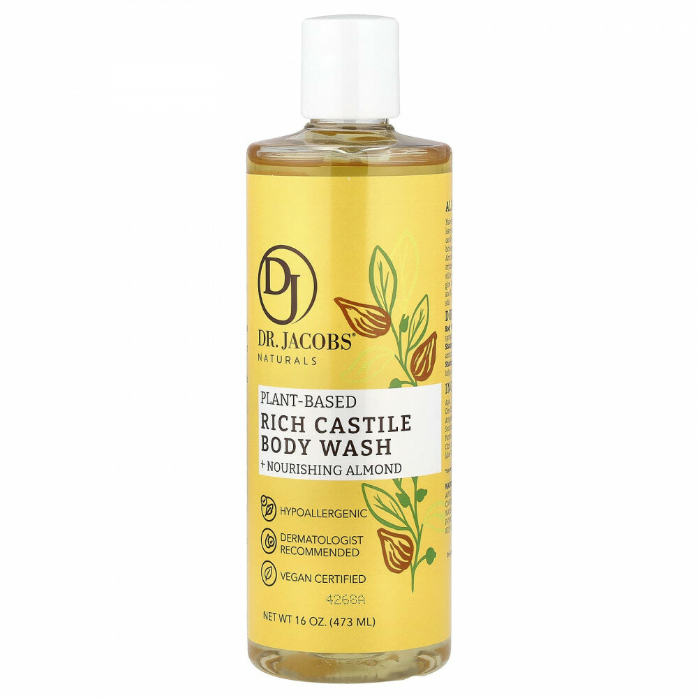 Dr. Jacobs Naturals, растительный кастильский гель для душа, питательный миндаль, 473 мл (16 унций)