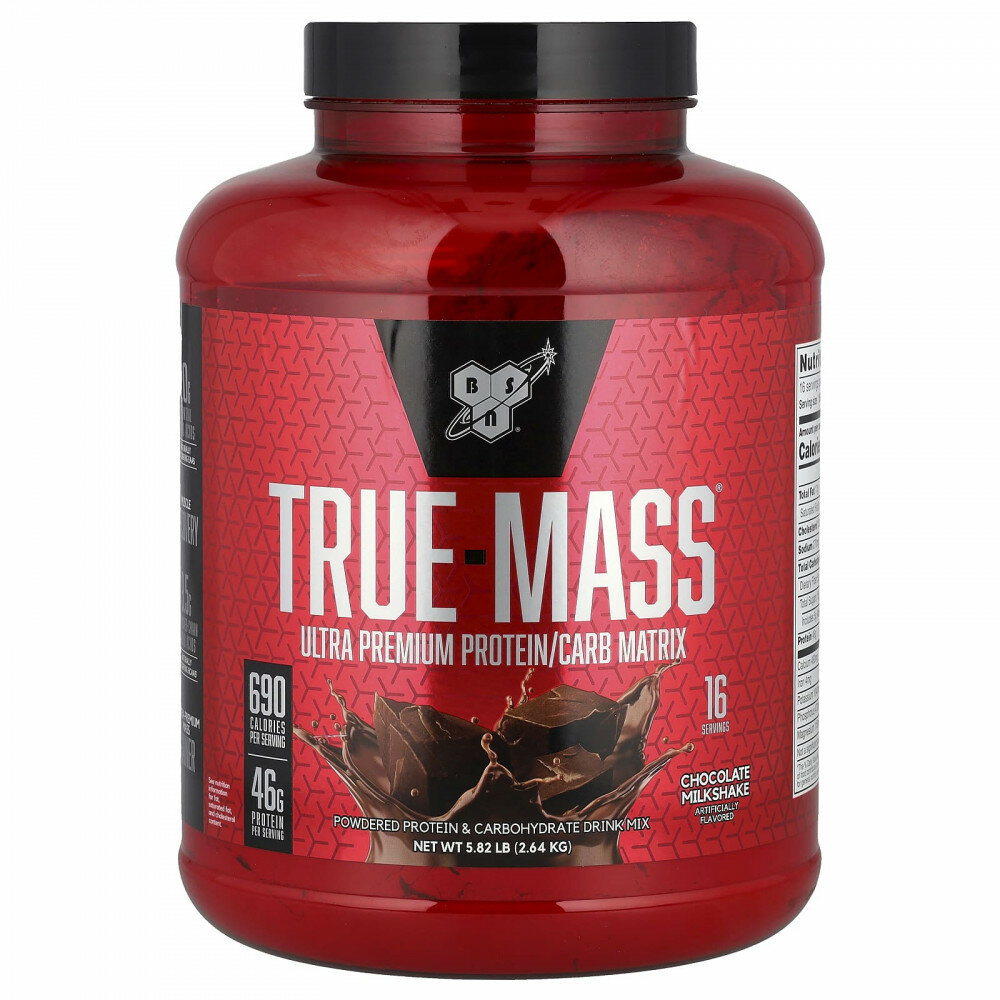 BSN, True-Mass®, протеиново-углеводная матрица ультрапремиального качества, со вкусом шоколадного коктейля, 2,64 кг (5,82 фунта)