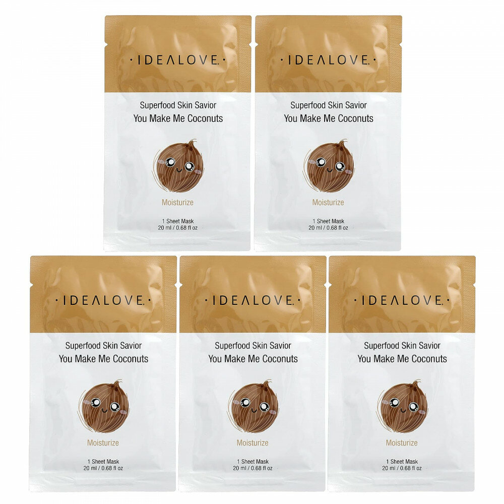 Idealove, Superfood Skin Savior, маска для лица с суперфудами, кокос, 5 шт. по 20 мл (0,68 жидк. унции)