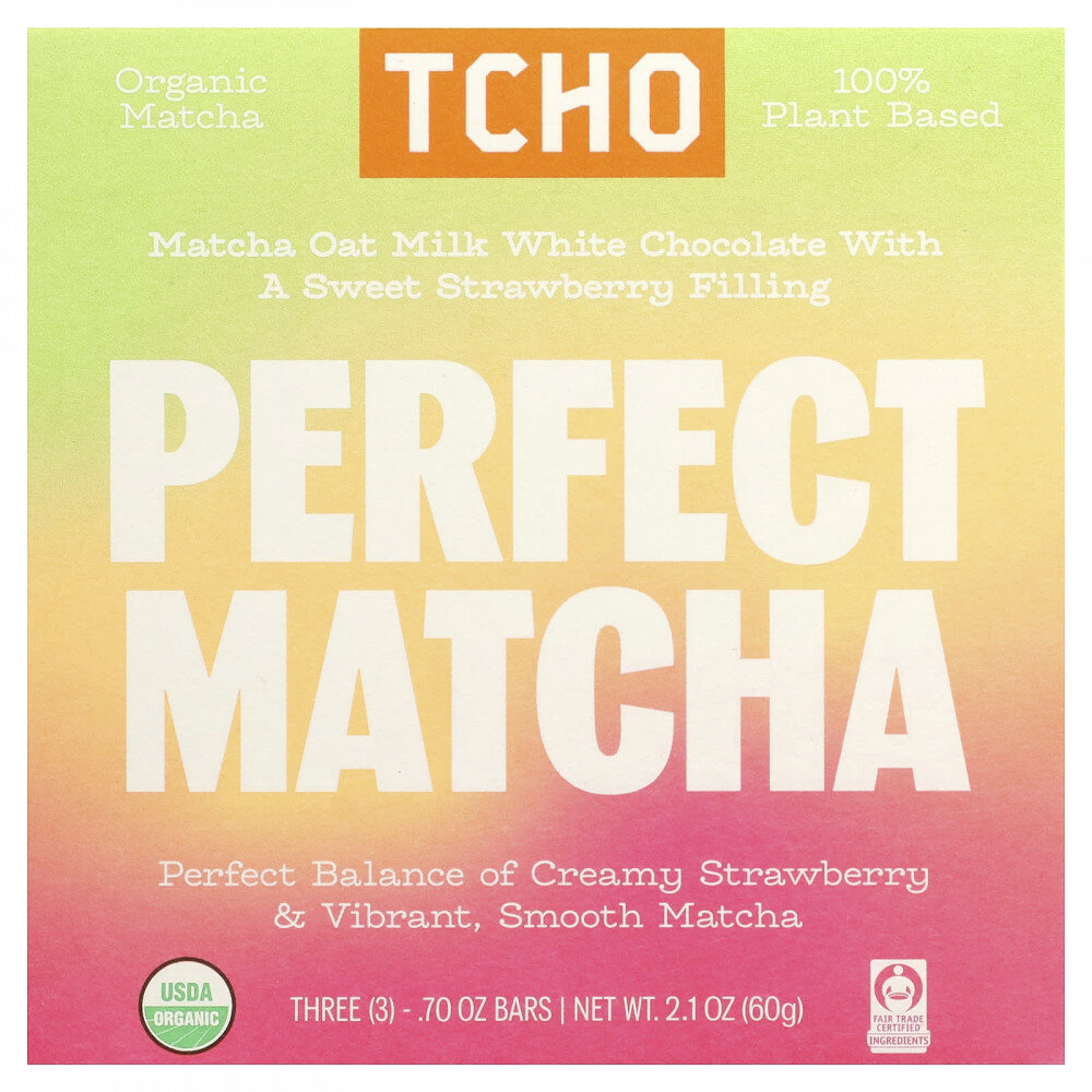 TCHO, Perfect Matcha, белый шоколад с клубничной начинкой, 3 плитки по 0,70 унции