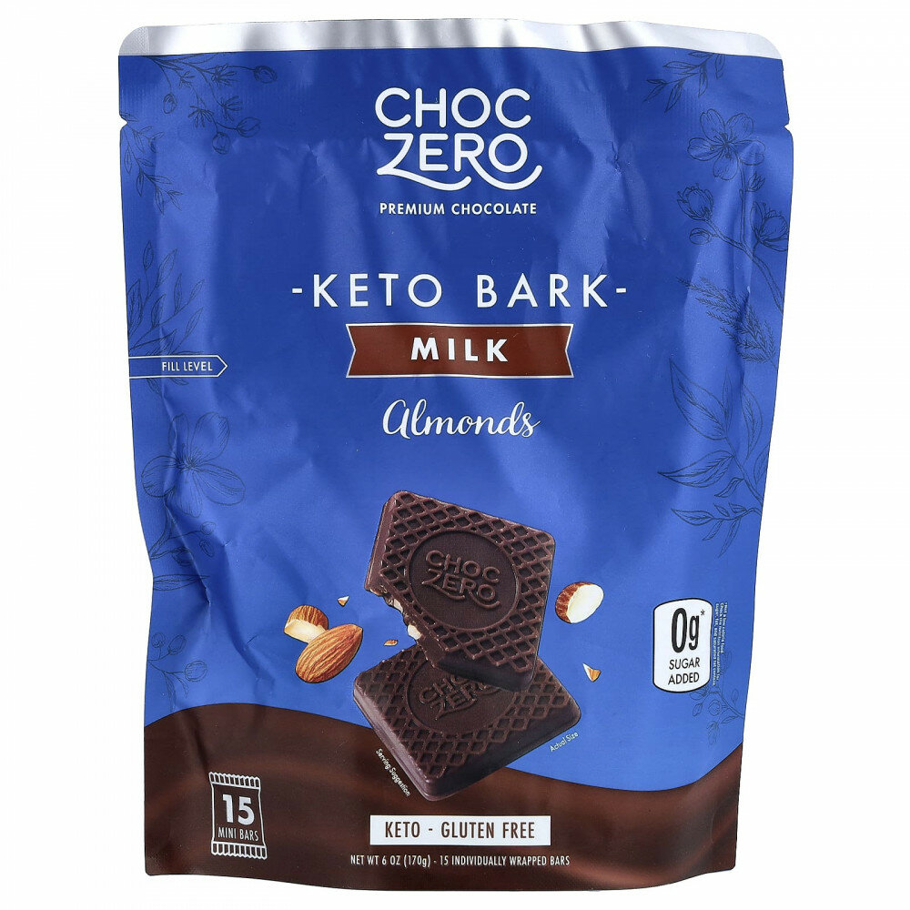 ChocZero, Keto Bark, молочный шоколад, миндаль, 15 мини-батончиков, 170 г (6 унций)