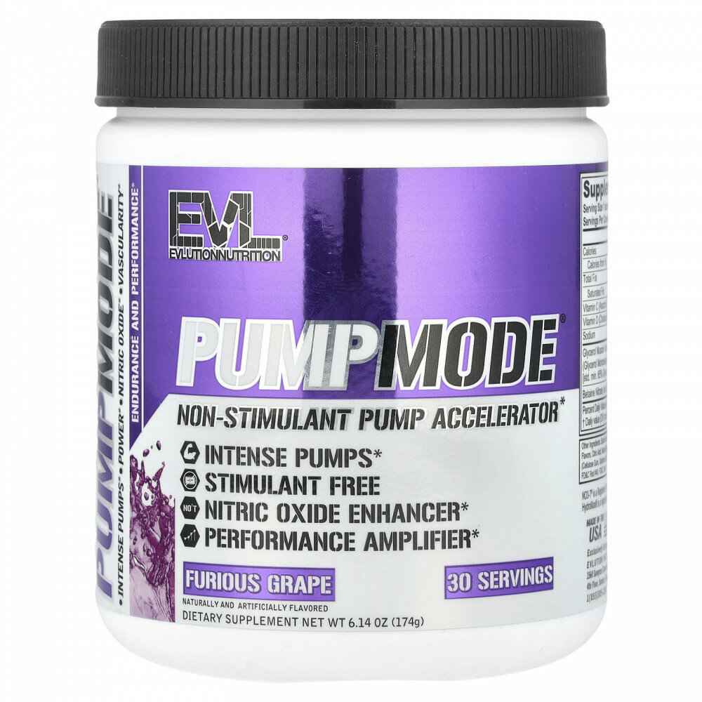 EVLution Nutrition, PumpMode®, Non-Stimulant Pump Accelerator, яростный виноград, 174 г (6,14 унции)